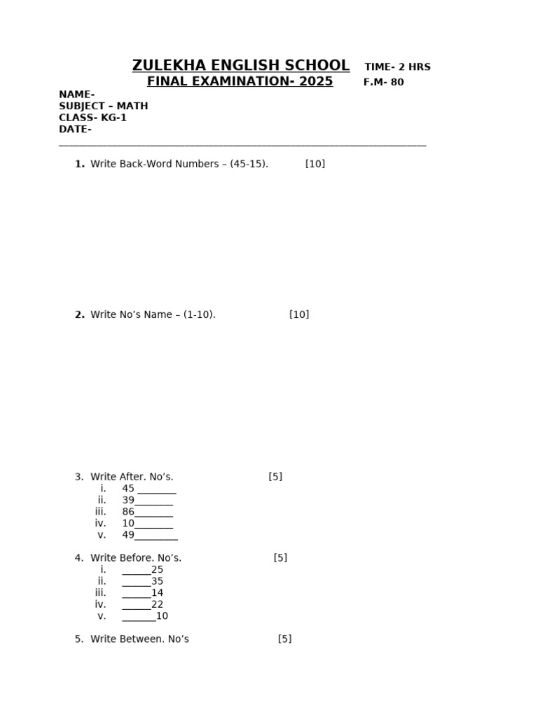 KG-1 Math Final Exam 2025 | PDF