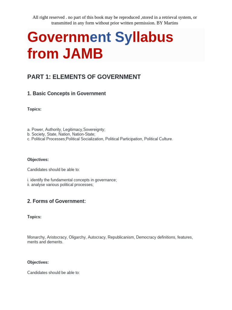 JAMB Government Syllabus Overview | PDF | Monarchy | Constitution