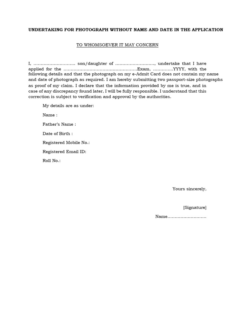 Undertaking for Exam Photo Correction | PDF
