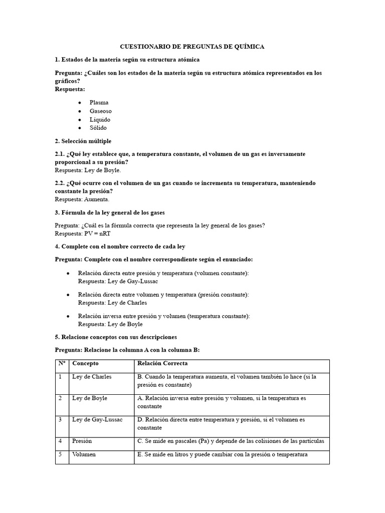 CUESTIONARIO DE PREGUNTAS DE QUÍMICA 2BGU | PDF | Gases | Temperatura