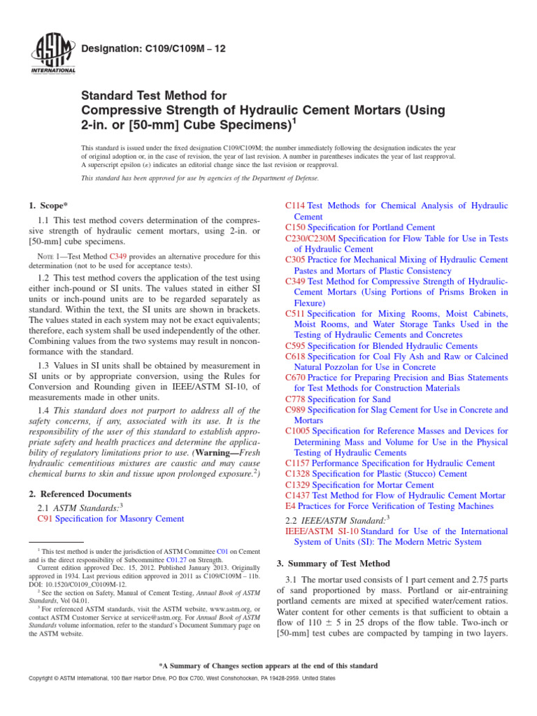 ASTM C109-12 Compressive Strength of Cement Mortar Cubes | PDF | Cement ...