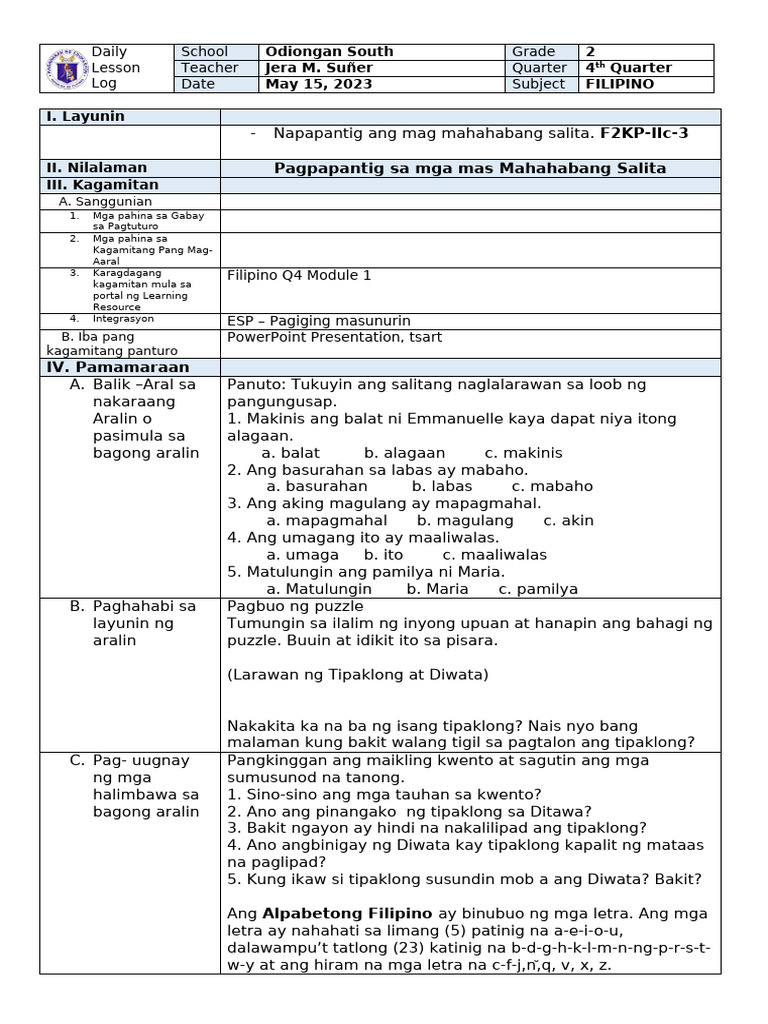 Grade 2-q4 - Filipino-week 1 | PDF