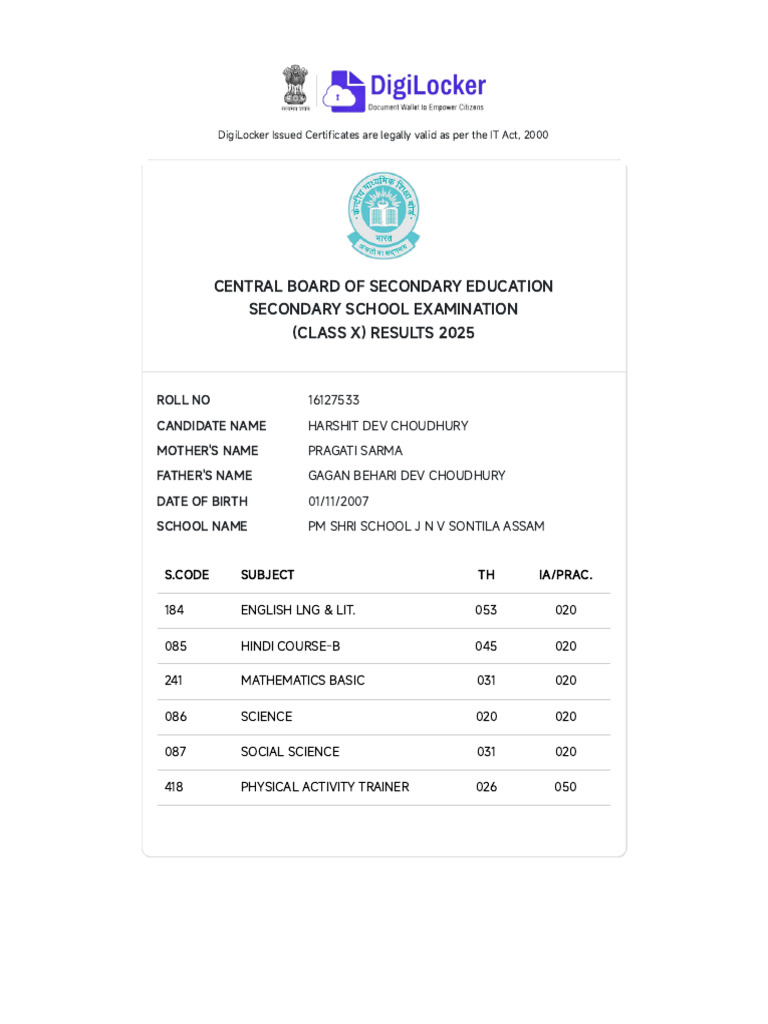 CBSE Class X Marksheet 2025 Details | PDF