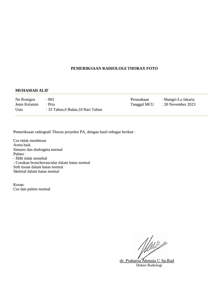 Hasil Pemeriksaan Radiologi Thorax Normal | PDF