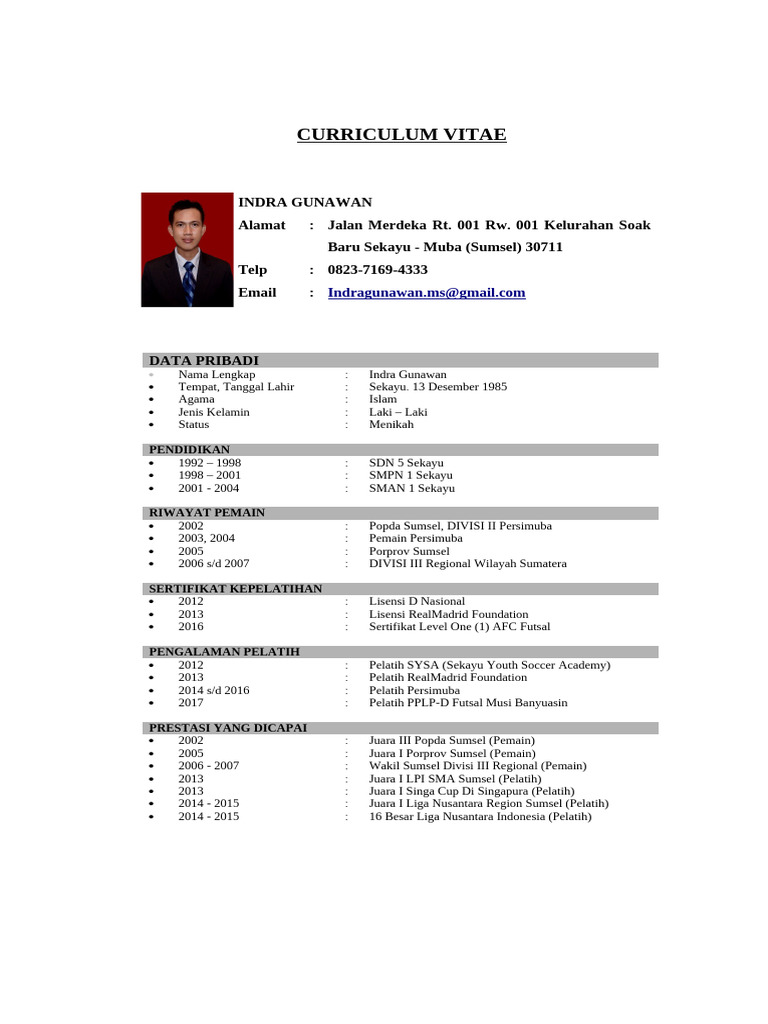 CV Indra Gunawan: Pelatih Sepak Bola | PDF
