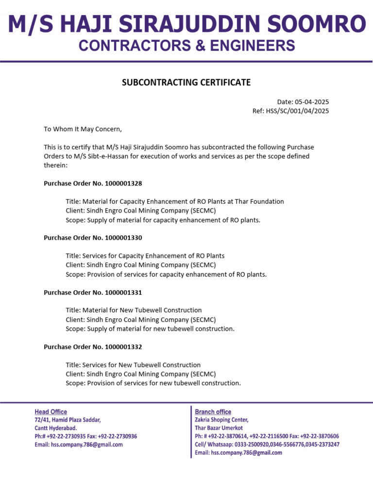 Subcontracting Certificate | PDF
