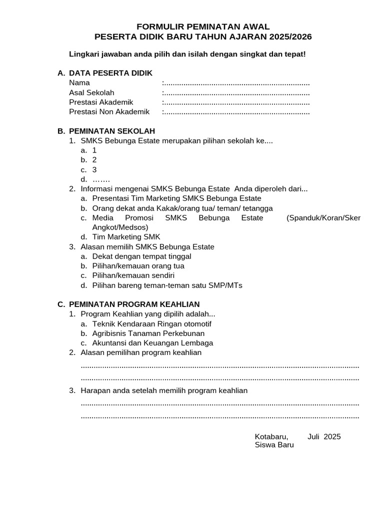 Formulir Peminatan Siswa Baru 2025/2026 | PDF