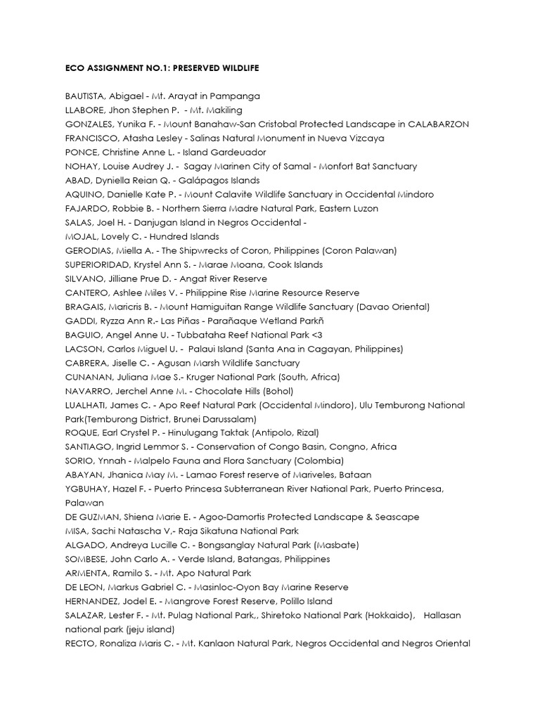 Eco Assignment No. 1 - Preserved Wildlife | PDF