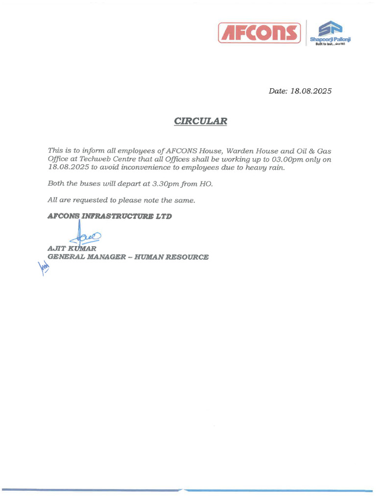 Circular To Leave Early Due To Heavy Rain | PDF