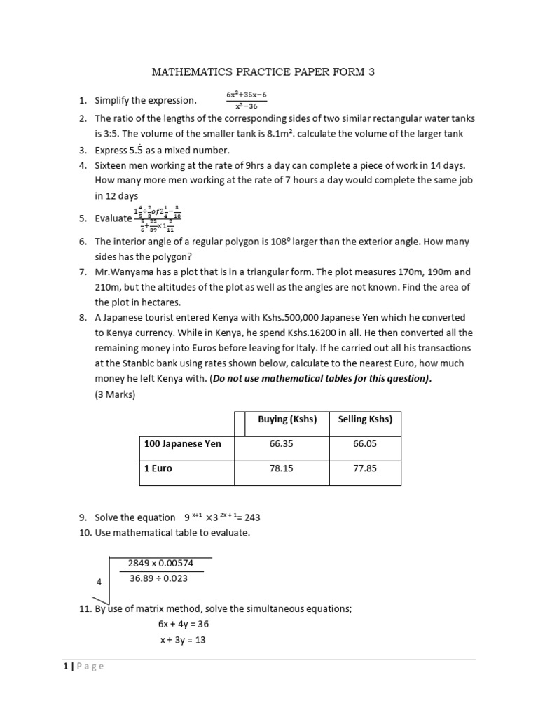 Form 3 Mathematics Practice Paper | PDF | Circle | Area