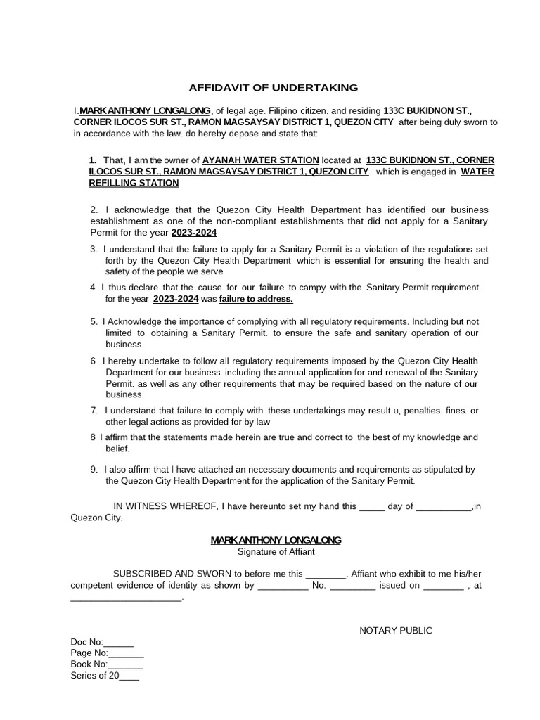 Affidavit of Undertaking | PDF | Affidavit | Civil Law (Common Law)