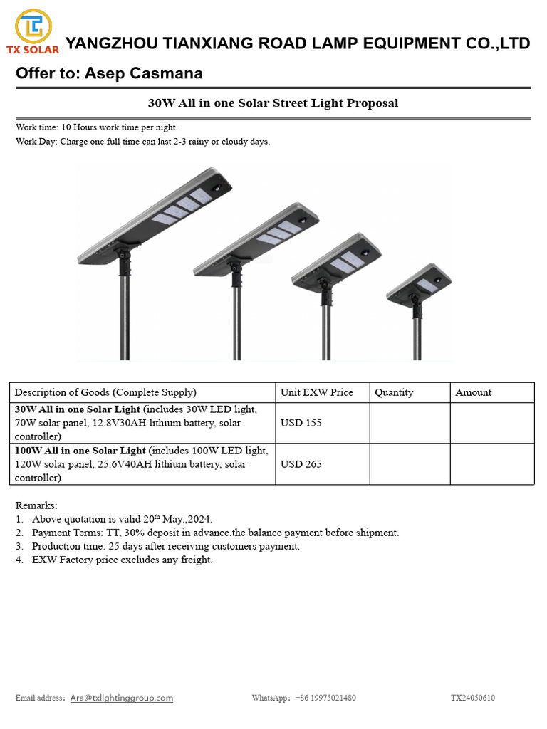 30W 100W All in One Solar Street Light Proposal - TX Solar May.06 | PDF ...