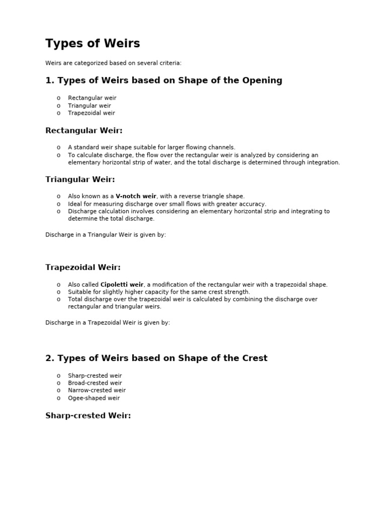 Types of Weirs Based On Shape of The Opening | PDF | River | Spillway