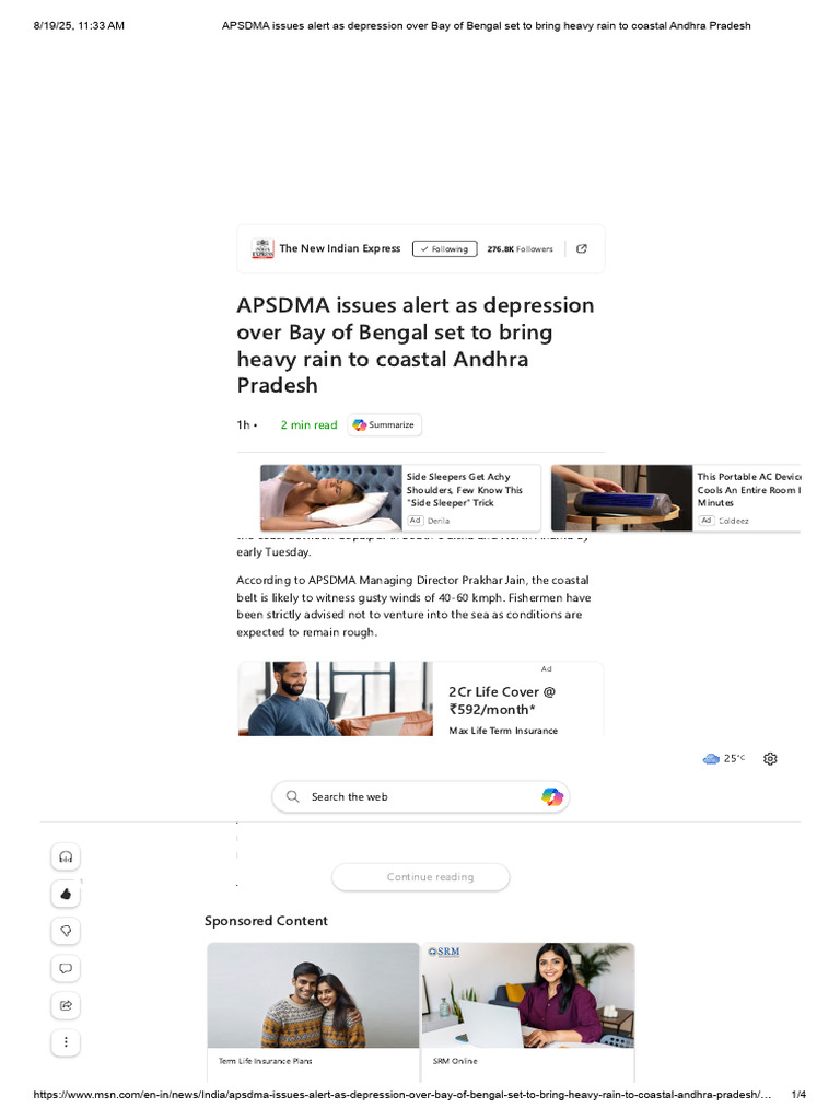 APSDMA Issues Alert As Depression Over Bay of Bengal Set To Bring Heavy ...