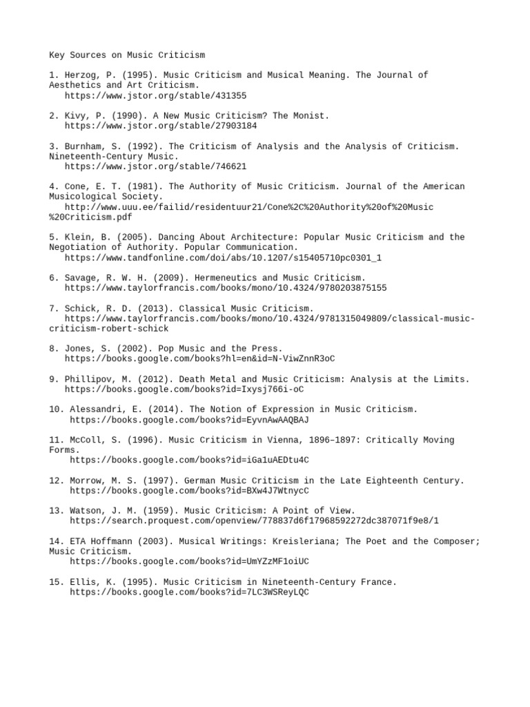 Music Criticism Key Sources | PDF