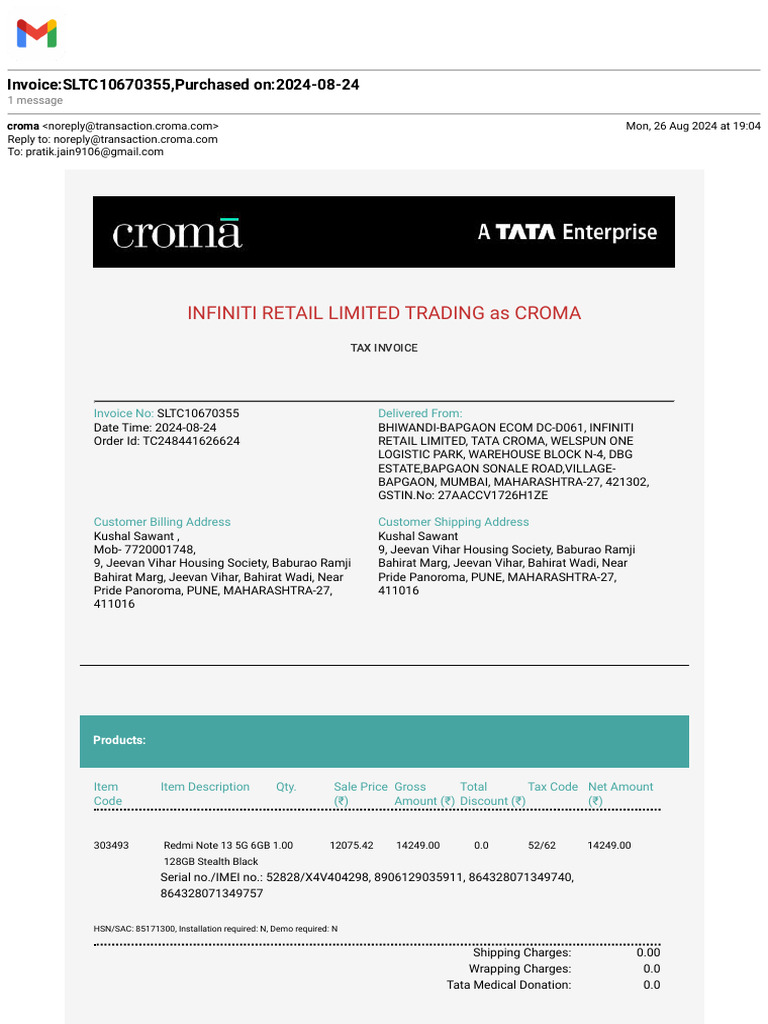 Croma Invoice for Redmi Note 13 Purchase | PDF | Sales | Trade