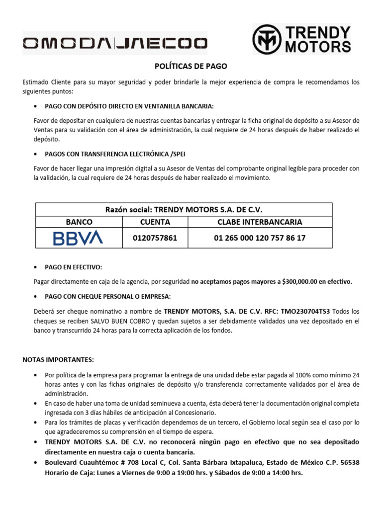 Cuenta Bancaria y Políticas de Pago Trendy Motors | PDF