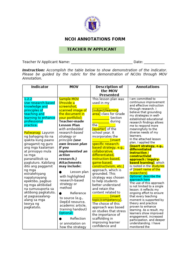 Sample Ncoi For T IV Applicant | PDF | Lesson Plan | Learning