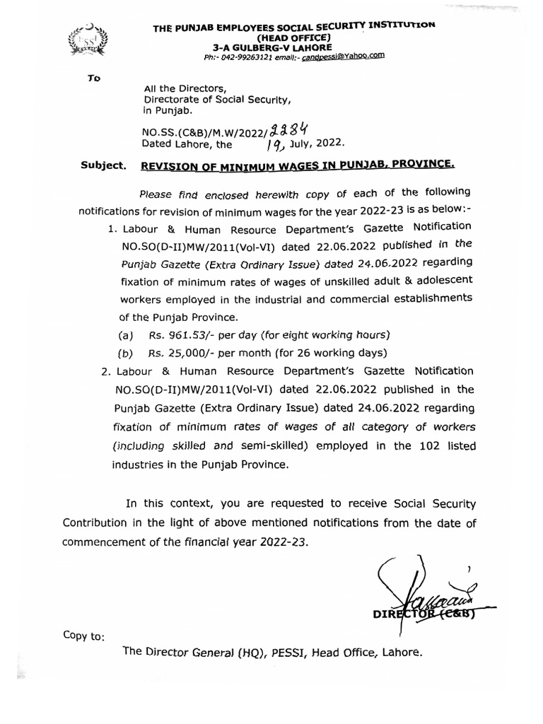 Punjab Minimum Wages Notification 2022 | PDF