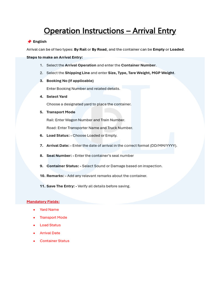 Operation Instructions - Arrival Entry: Mandatory Fields | PDF