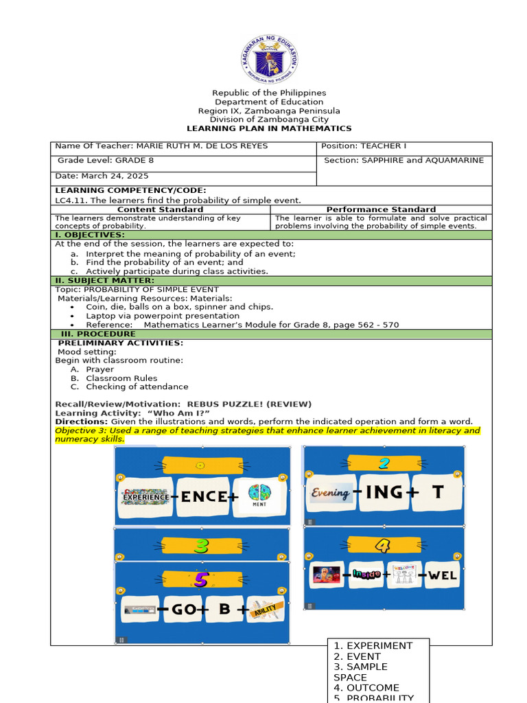 Cot 4 - Probability of Simple Event | PDF | Learning | Cognition