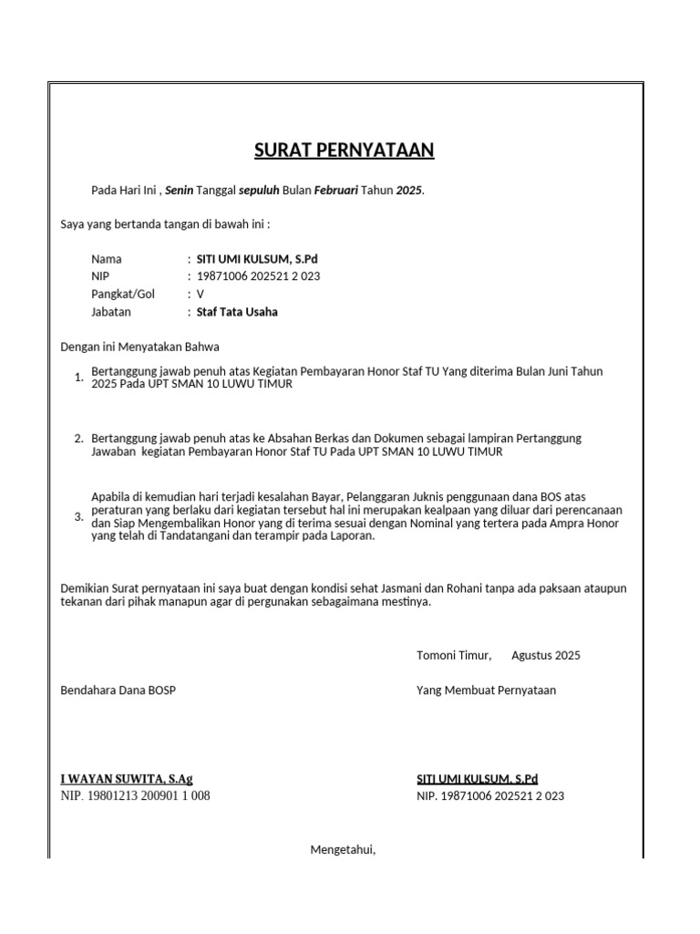 Surat Pernyataan Honor | PDF