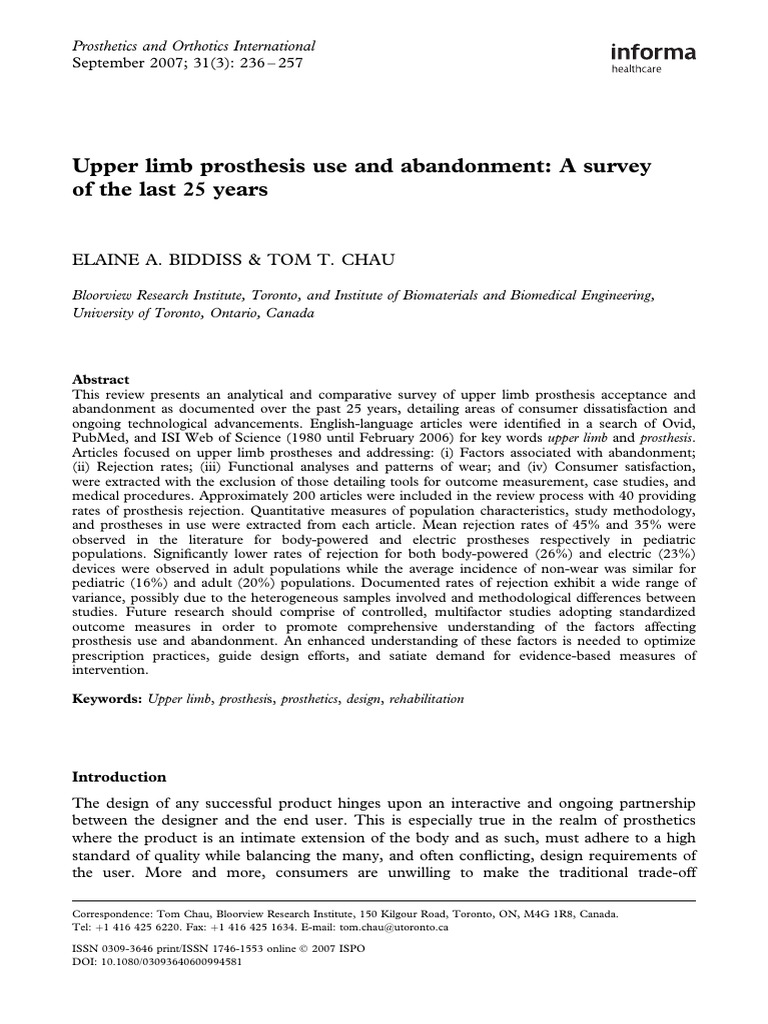 Upper Limb Prosthesis Use and Abandonment | PDF | Prosthesis