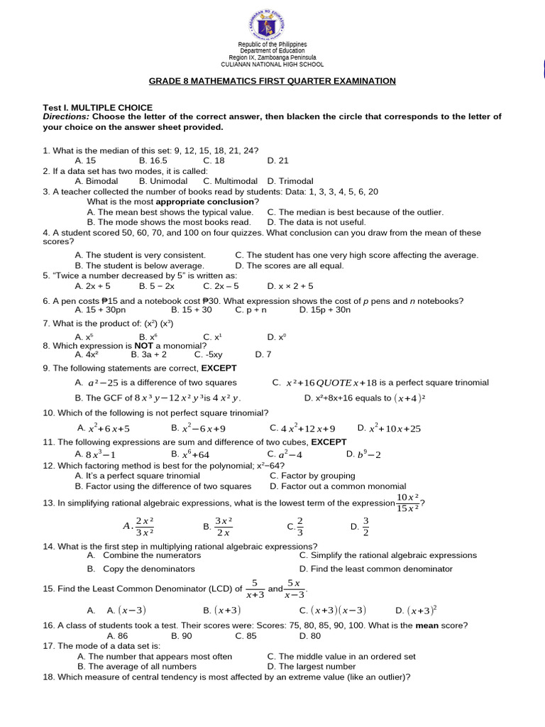 Grade 8 Math First Quarter Exam | PDF | Factorization | Rational Number