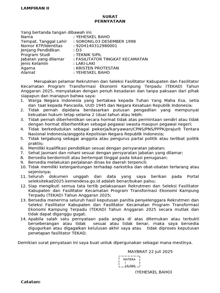 Surat Pernyataan Seleksi TEKAD 2025 | PDF