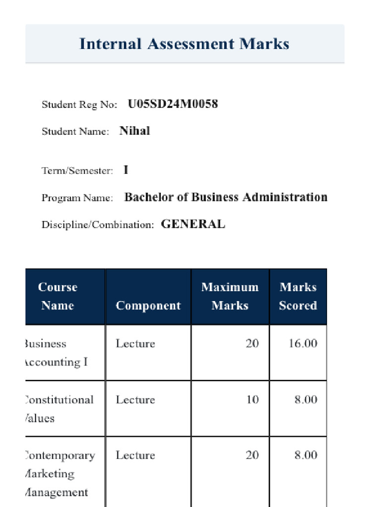 Student Internal Assessment Marks | PDF