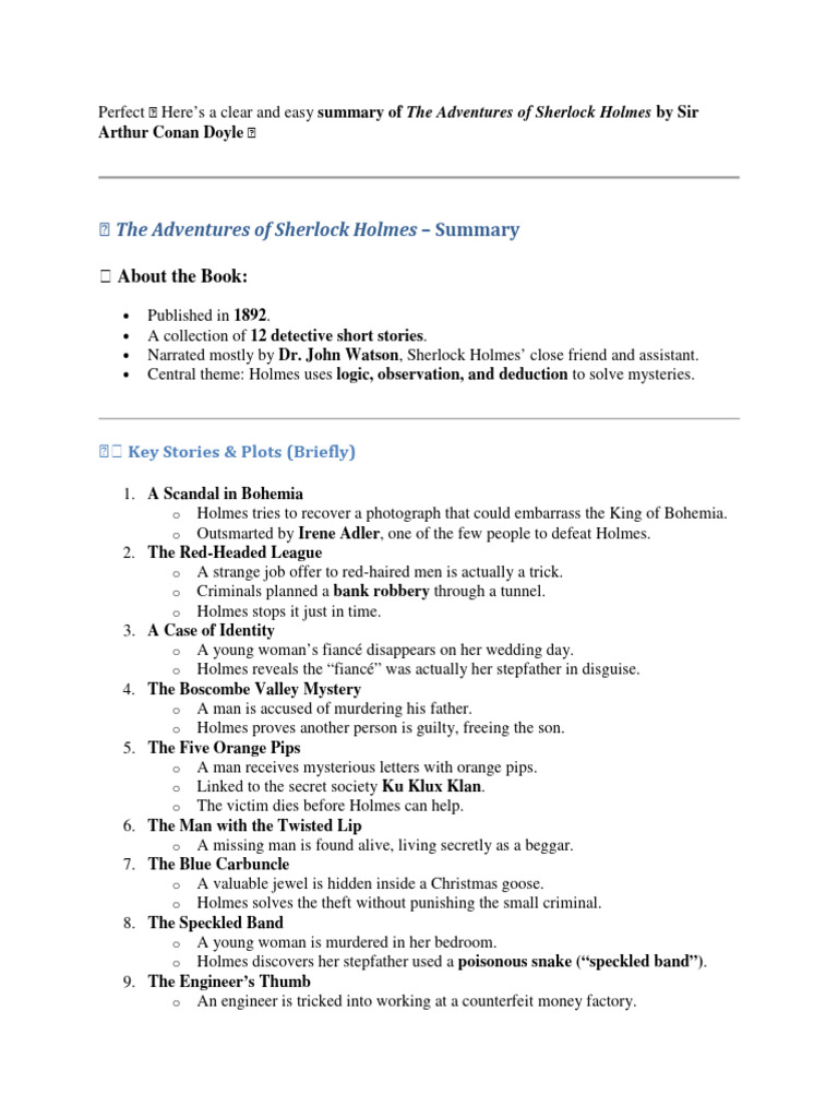 The Adventures of Sherlock Holmes - Summary | PDF | Sherlock Holmes ...