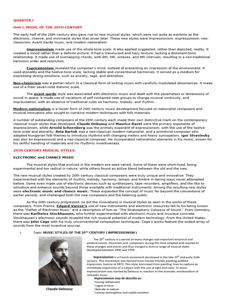 Q1 Hand Outs in Music and Art 10 | PDF | Impressionism | Claude Monet
