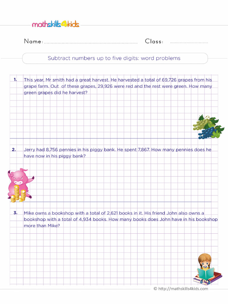 02.subtract Numbers Up To Five Digits Word Problems - qw44s | PDF