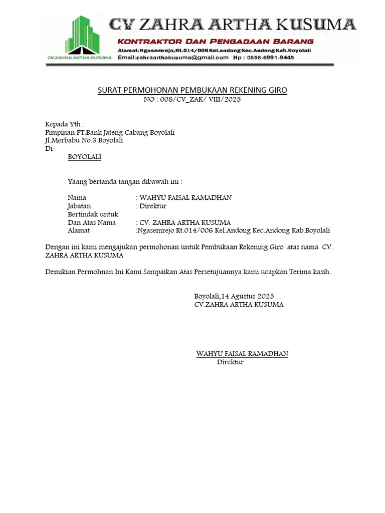 Permohonan Rekening Giro CV. Zahra Artha | PDF