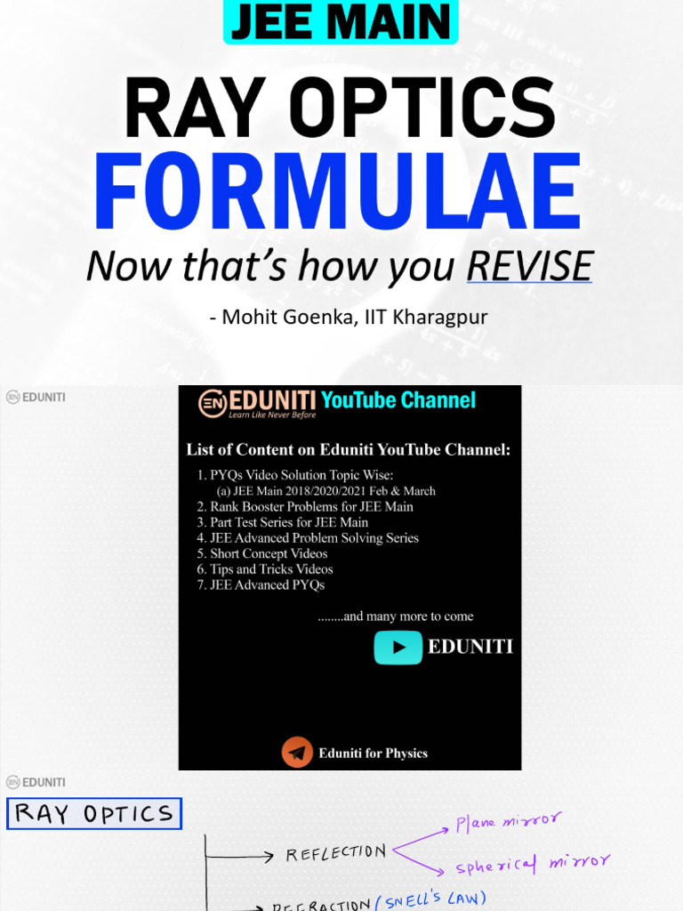 JEE Main - Ray Optics Formulae Revision - Eduniti | PDF