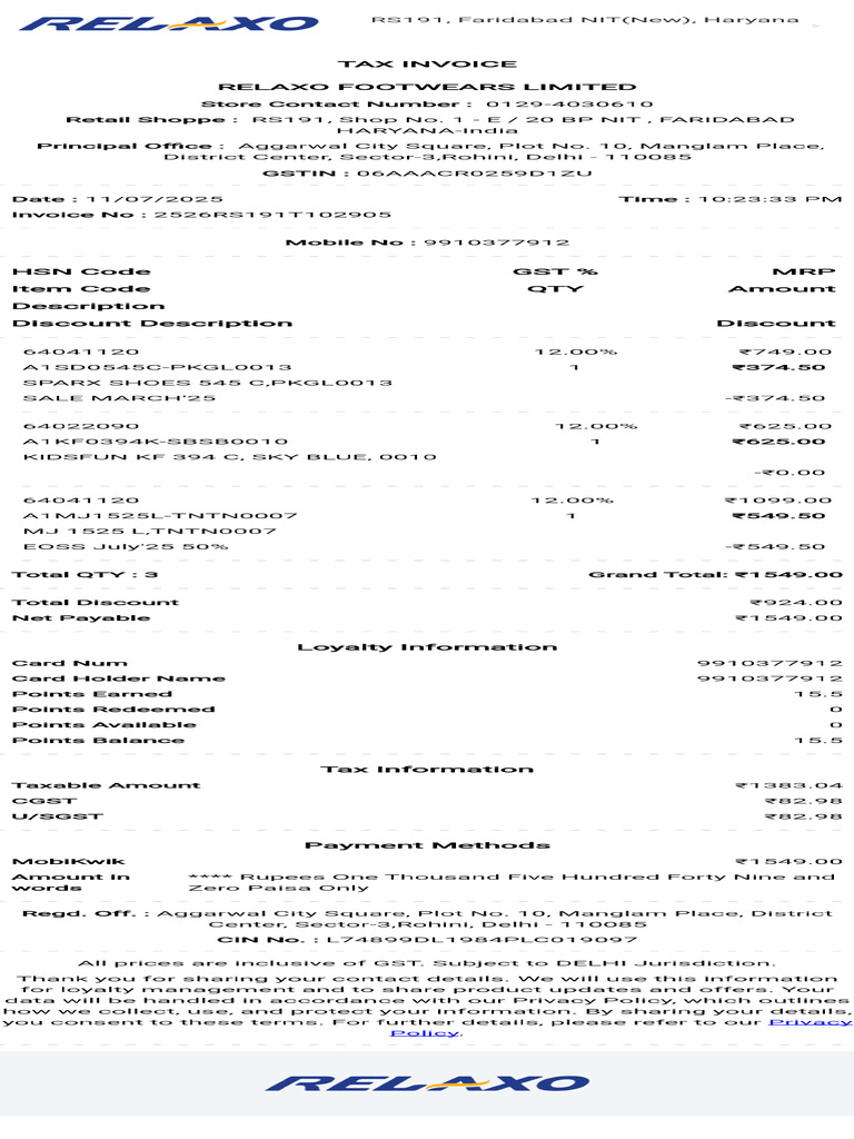 Relaxo Bill 2526RS191T102905 | PDF