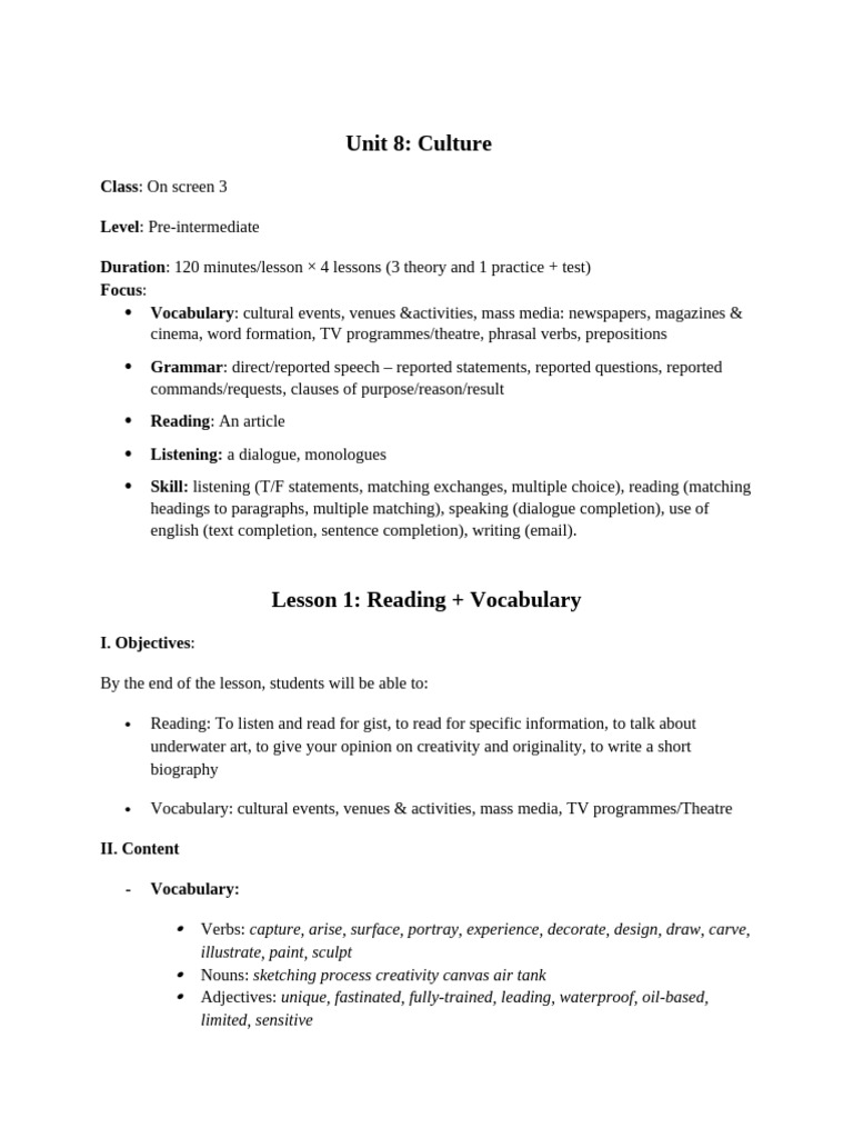 Culture Unit: Vocabulary & Grammar Lessons | PDF | Adverb | Question