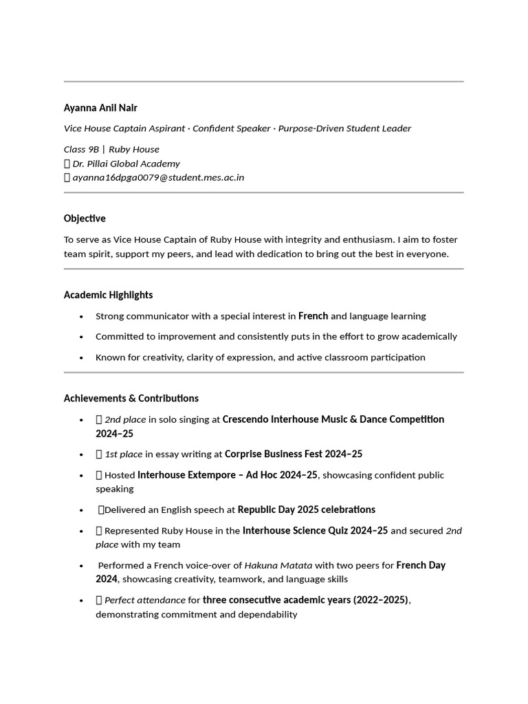 Ayanna Anil Nair CV For Vice Capt. | PDF | Team Building | Creativity