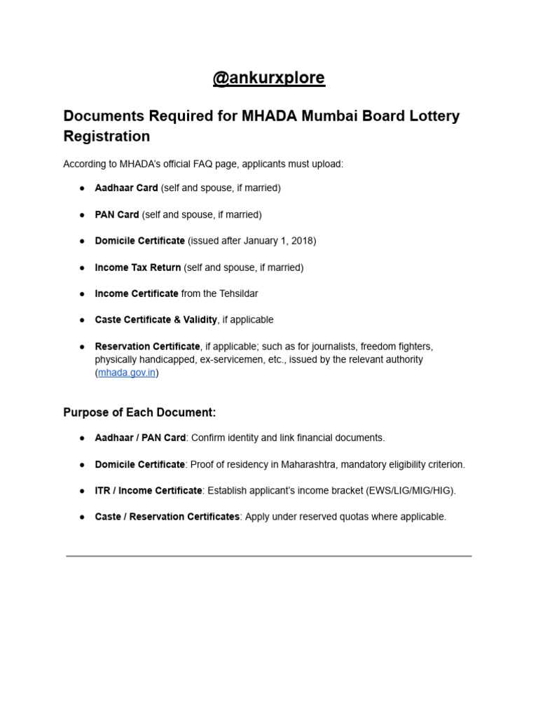 MHADA Mumbai - Document - List 2025 | PDF | Taxes | Payments