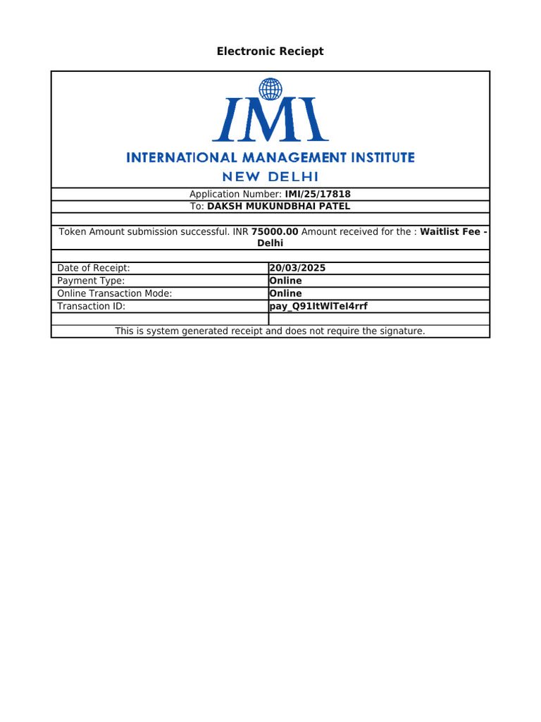 Successful Waitlist Fee Receipt | PDF