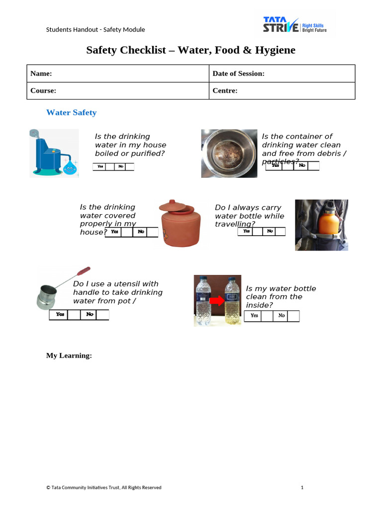 Safety Checklist: Water, Food & Hygiene | PDF