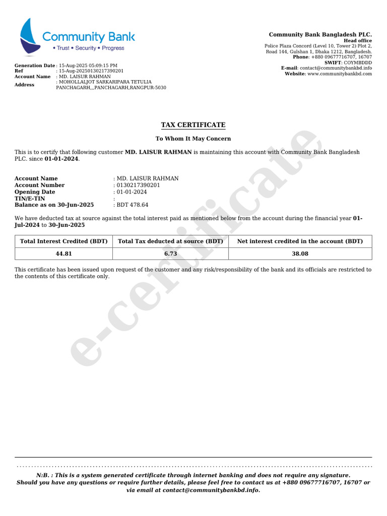 CBBL Tax Certificate 0130217390201 | PDF | Personal Finance | Financial Services