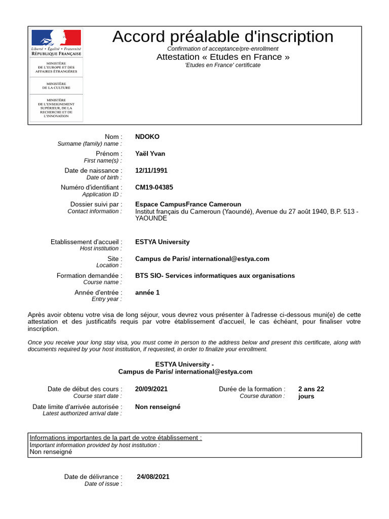 Attestation d'inscription à ESTYA | PDF | Visa (Document) | Diplomatie