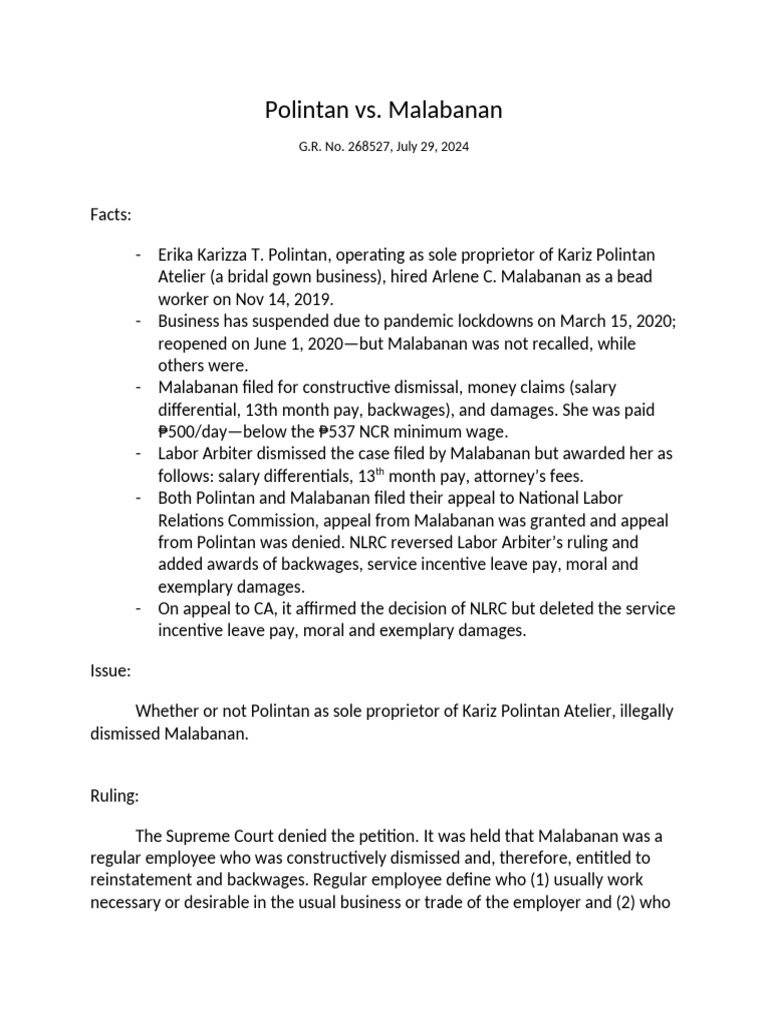 Polintan vs. Malabanan: Constructive Dismissal | PDF