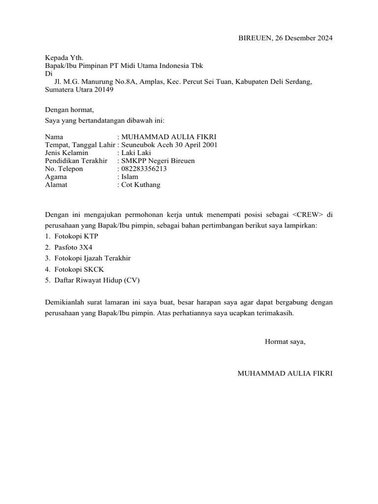 Surat Lamaran Kerja Muhammad Aulia Fikri | PDF