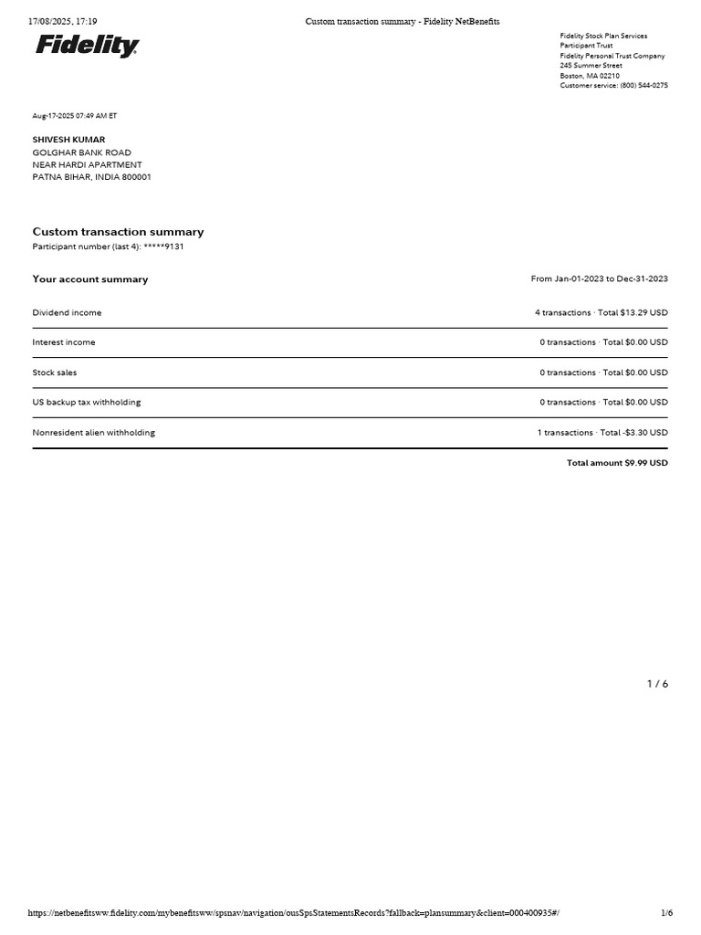 Fidelity Transaction Summary - 2023 | PDF | Dividend | Stocks