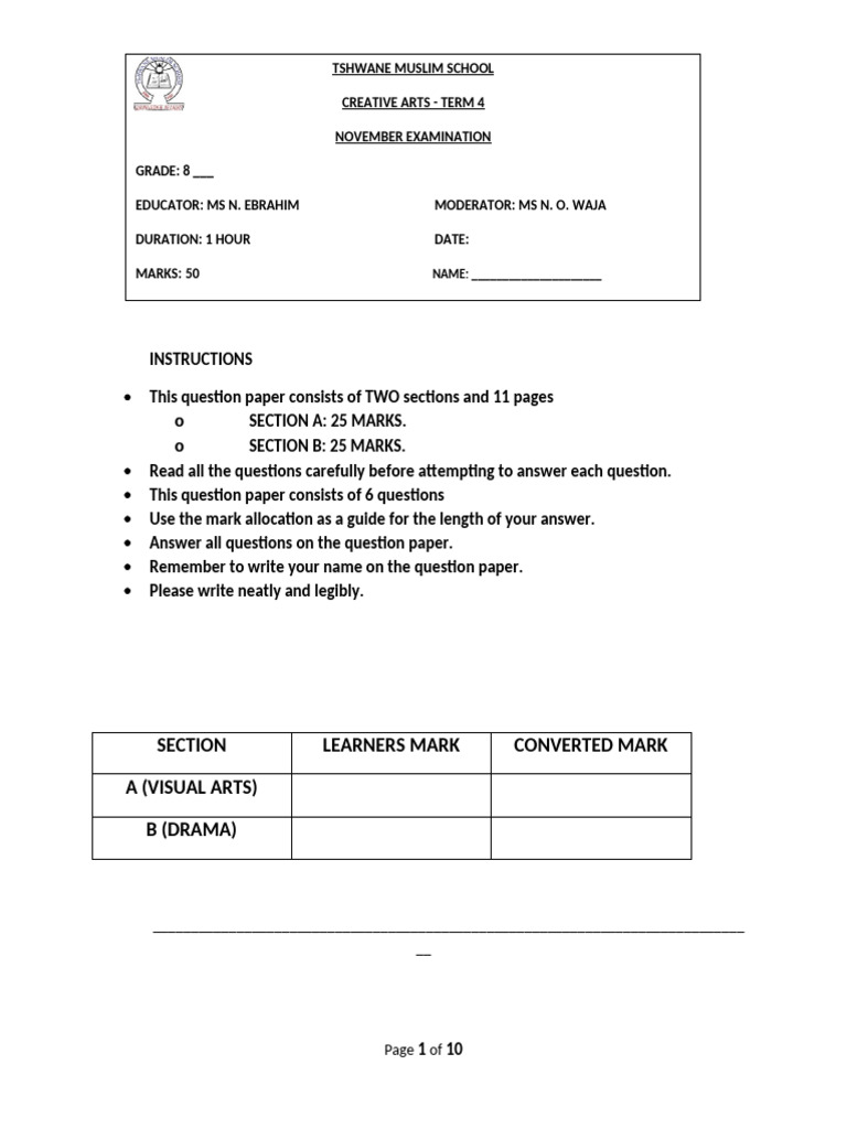 Grade 8 Creative Arts Term 4 Exam 2025 | PDF