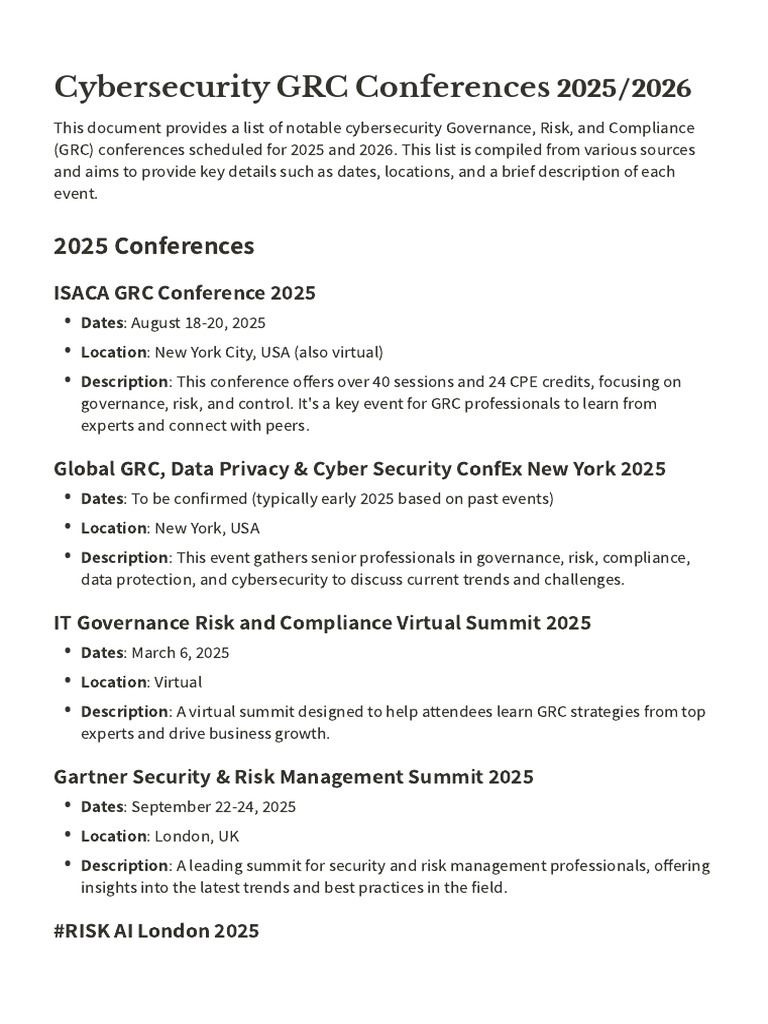 Cybersecurity GRC Conferences 2025 2026 | PDF | Computer Security ...