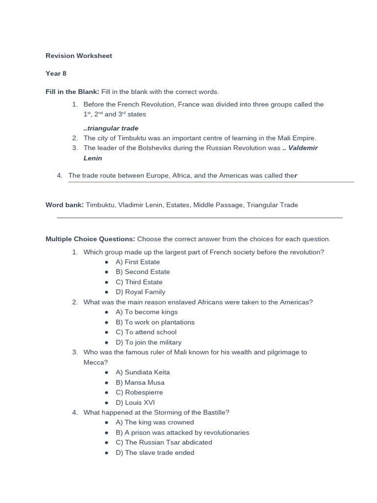 Revision Worksheet Year 8 | PDF