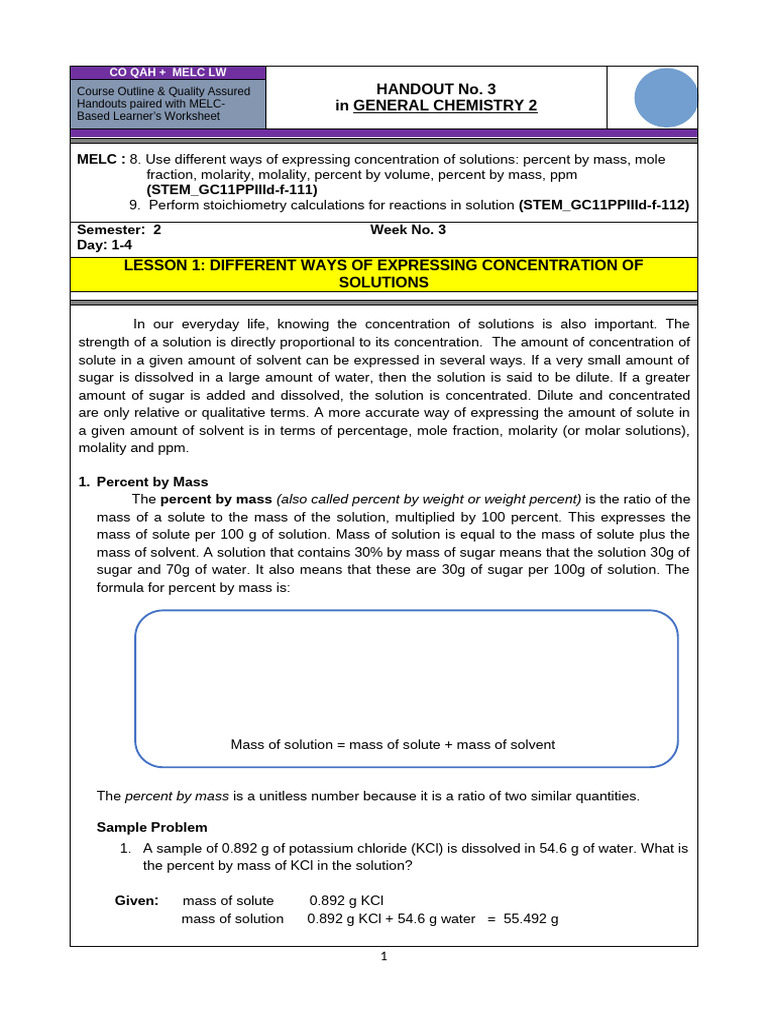 Handout and Worksheet Week 3 | PDF | Stoichiometry | Mole (Unit)